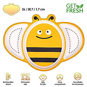 GET FRESH Bamboo Kids Divided Plates – 1pc Cute Bee Bamboo Toddler Divided Plate with 3 Compartments – Reusable Animal Sectioned Bamboo Fibre Childrens Plates – Dishwasher Safe Bamboo Kids Dinnerware