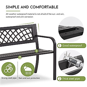 Ruesleag Garden Bench,Metal Outdoor Bench Park Bench with Plastic Mesh Backrest Armrests Sturdy Steel Frame for Patio Yard Porch Entryway Black