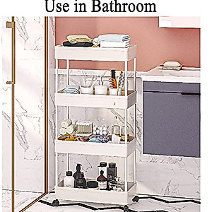 RUTILY 4 Tier Slim Rolling Storage Cart Bathroom Mobile Shelving Unit Kitchen Rolling Utility Organizer for Laundry Narrow Places White