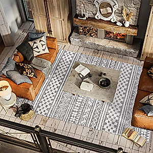 Eyely HOM303A-8 Moroccan Hype Imlil Tribal Geometric Stripe Indoor Area Rug Bohemian,Casual;Vintage, Bedroom, Kitchen, Living Room, Easy-Cleaning, Non-Shedding, 8 X 10, Light Gray/Cream