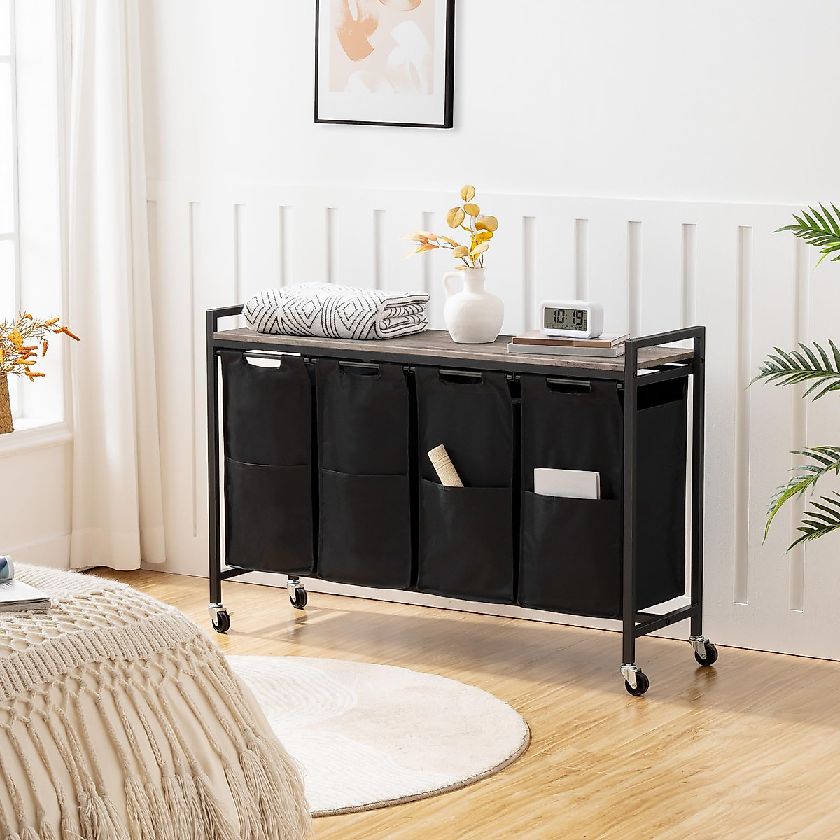 HOOBRO Laundry Sorter 4 Sections, Laundry Hamper with Wheels, 4 × 10.5 Gal (39.8L), Rolling Laundry Basket, Pull-Out and Removable Oxford Fabric Laundry Bags, Greige and Black BG04XY01