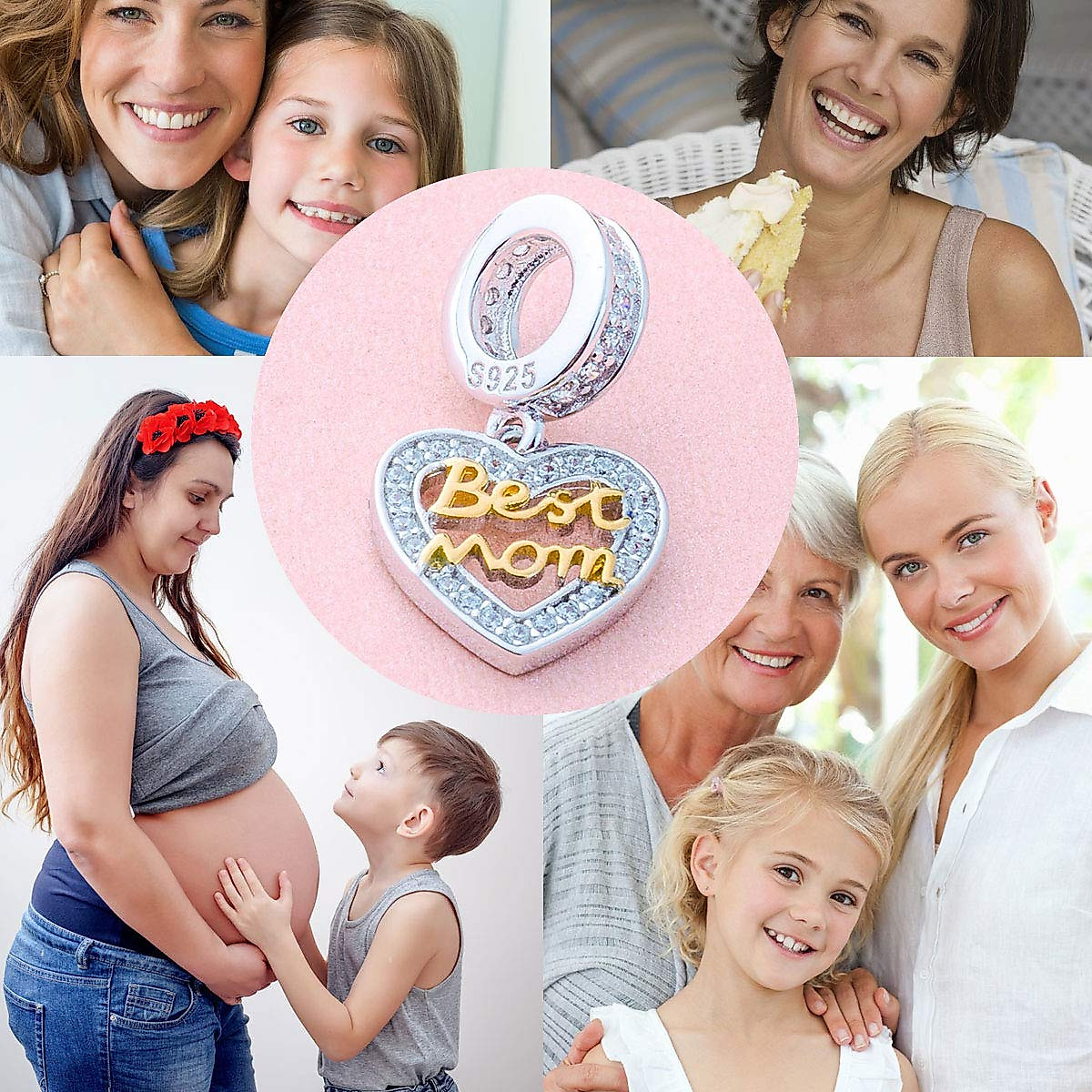 Best Mom Heart Charms for Women - 925 Sterling Silver Dangling Pendants Beads - Fit Pandora Mother’s Day Bracelets, Necklaces, European Snake Chains - Gifts for Thanksgiving .