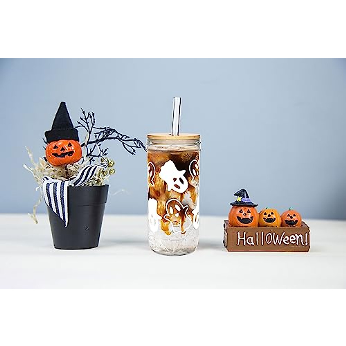 Halloween Cups, Ghost Decor 24oz Halloween Mug Mason Jar Glass Cups with Lids and Straws Ghost Tumblers Coffee Cups Cookie Jar Glasses Halloween Glassware Drinking Glasses Halloween Decorations Indoor