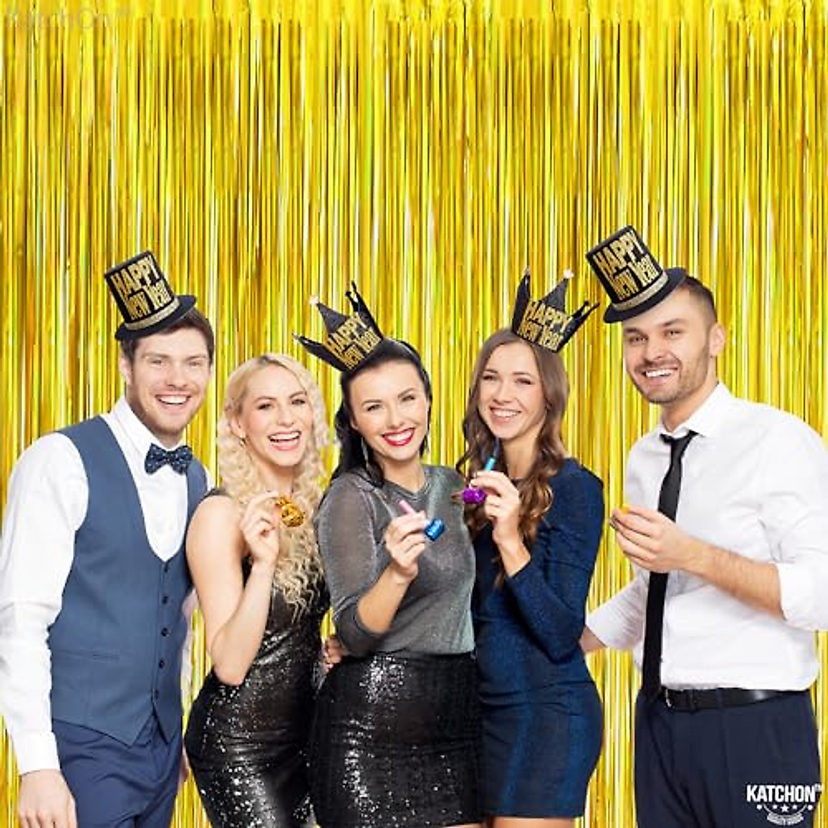 KatchOn, Holographic Gold Fringe Curtain Backdrop - XtraLarge, 3.25x8 Feet | Shiny Gold Backdrop Curtains for Parties | Gold Streamers Backdrop, Gold Foil Curtain for Gold Streamers Party Decorations