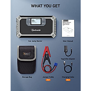 AstroAI Car Jump Starter, 2000A 12V 8-in-1 Battery Jump Starter, Up to 7.0L Gas & 3.0L Diesel Engines, 18000mAh Quick Charge 3.0 Power Bank, Informative LCD Screen with Cigarette adapter, Jumper Cable
