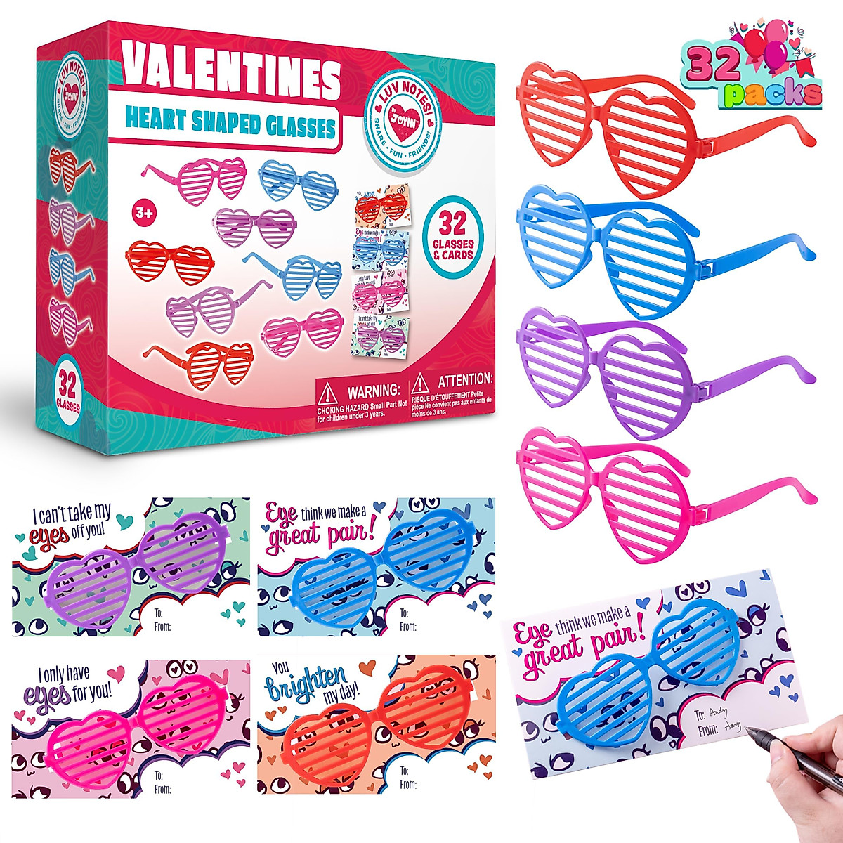 JOYIN 32 Packs Valentines Day Shade Glasses with Gift Cards Heart Shaped Shutter Glasses Heart Glasses Valentines Day Accessories for Kids Valentine's Party Favor Classroom Exchange Prize Supplies