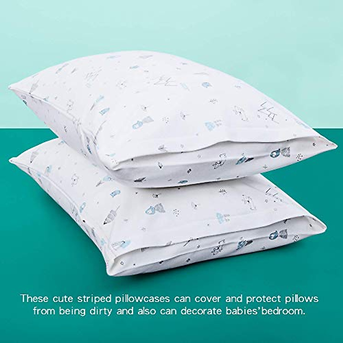 NTBAY 2 Pack 100% Natural Jersey Cotton Toddler Pillowcases, Super Soft and Breathable Thick Fabric Travel Pillow Cases with Envelope Closure for Nursery, 13x18 Inches, Blue Owl