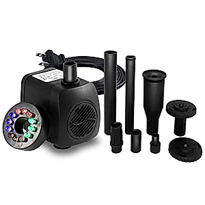 Lewisia Water Pump Kit with Mushroom and Blossom Spray Head, 12 LED Light 6 feet Listed Cord Ideal for Koi Pond Aquarium Fountain Pool Garden Statuary Fish Tank 15W 211GPH