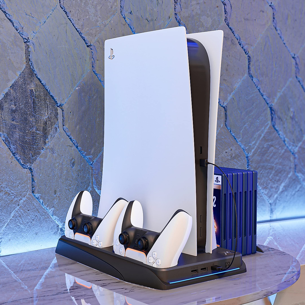 Q-View Vertical Stand for use with PlayStation 5, 4 in 1 Docking Station, Controller Charger, Cooling Fan and Games Storage Tray Compatible with PS5 Console, Disk and Digital Version