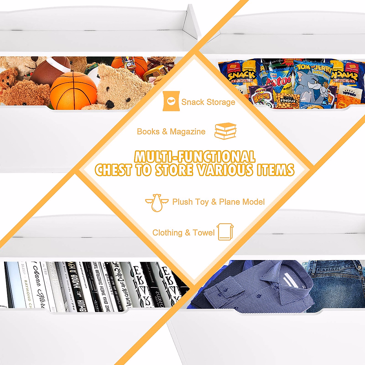 Costzon Wooden Toy Chest, 2 in 1 Toy Box and Storage Chest with Seating Cushion, Finger-Pinch Prevention Toy Storage Case with Seating Bench, Lift-Top Storage Chest for Bedroom/Living Room (White)