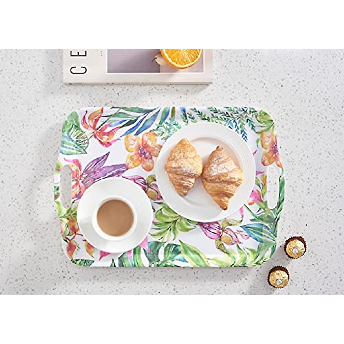 Blue Boat 16.5" x 11.5" Rectangular Melamine Serving Tray Set of 2 Floral, Light Weight Easy to Clean Sturdy Stackable Serving Tray with Handle, Fruit, Snacks, and Desserts Trays, TV Trays