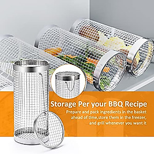 Grill Basket 2 PCS, BBQ Grill Basket, Rolling Grilling Basket, Stainless Steel Grill Mesh Barbeque Grill Accessories, Portable Grill Baskets for Outdoor Grill for Fish, Shrimp, Meat, Vegetables, Fries