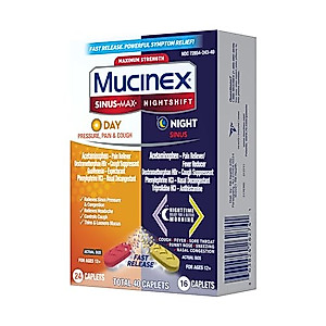 Mucinex Sinus-Max Day Pressure, Pain & Cough & Nightshift Night Sinus Medicine for Adults, Day/Night Combo Pack for Sore Throat Relief, Nasal Congestion Relief, Cough & Cold Medicines, 40 Caplets