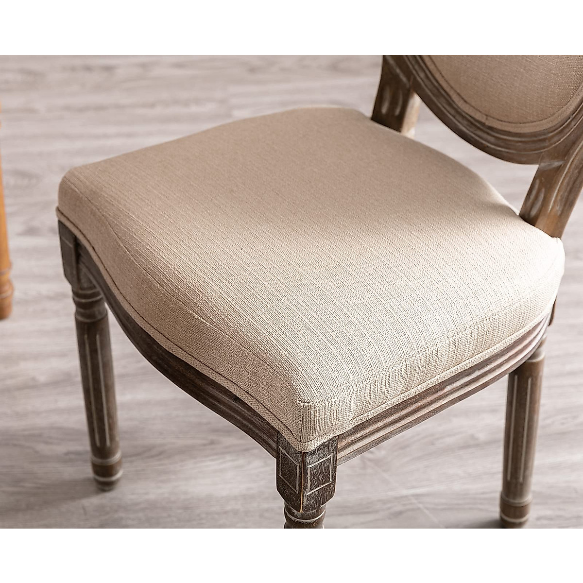 Kmax Farmhouse Dining Room Chairs, Brown Wood Legs Elegant Tufted Kitchen Chairs, French Distressed Bedroom Chairs with Round Back, Set of 8, Beige