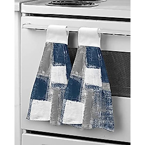 Hand Tie Towel Set of 2,Blue White Gray Oil Painting Hanging Kitchen Towels with Loop, Absorbent Tea Bar Dish Towel Fast Drying Towels for Bathroom,Geometric Gradient Abstract Art