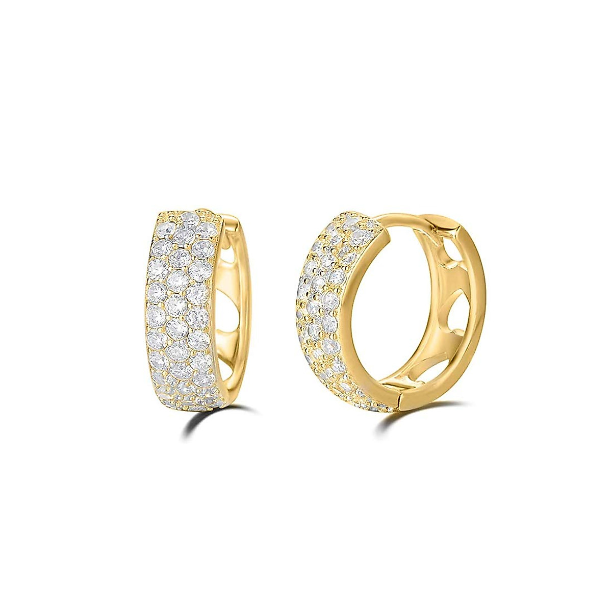 Carleen 925 Sterling Silver Hoop Earrings 14K Gold Plated Pave Set Cubic Zirconia CZ Simulated Diamond Small Thick Sparkle Fine Jewelry Birthday Gifts for Women, Diameter 15mm Width 5mm