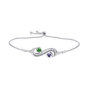 AFFY Mother's Day Jewelry Gifts Personalized Simulated Birthstone Name Engraved Double Heart Infinity Bolo Bracelet 14k White Gold Plated Sterling Silver