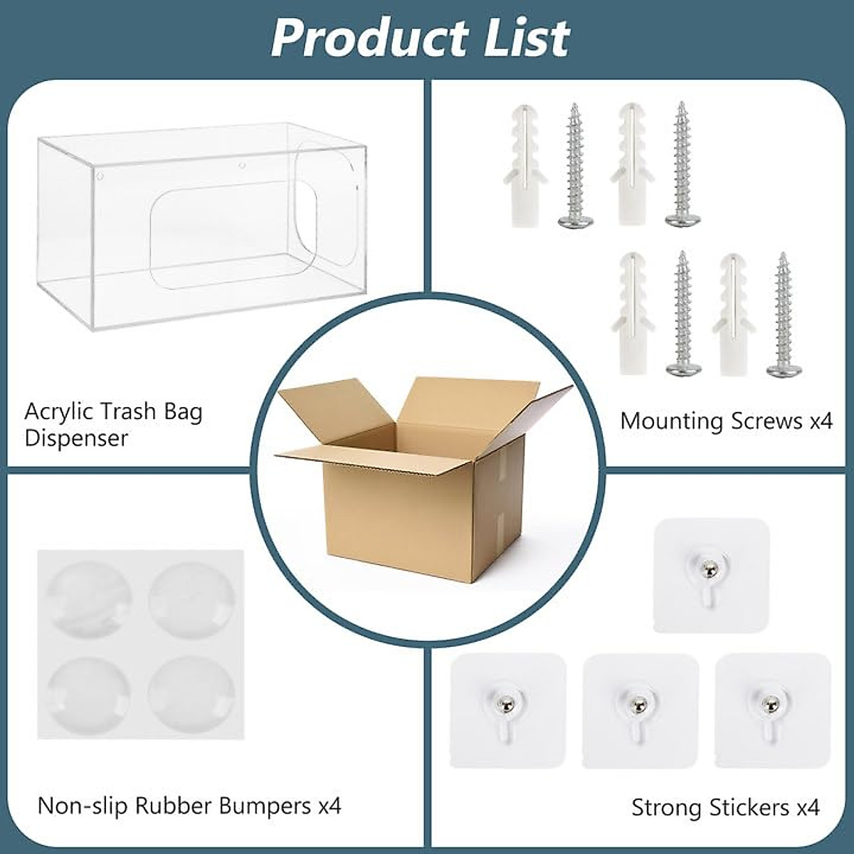 Trash Bag Holder Dispenser, Acrylic Trash Bag Dispenser Roll Holder, Adhesive Wall Mount Garbage Grocery Bag Dispenser Organizer for Kitchen, Cabinet, Under Sink with 4 Strong Stickers Screws