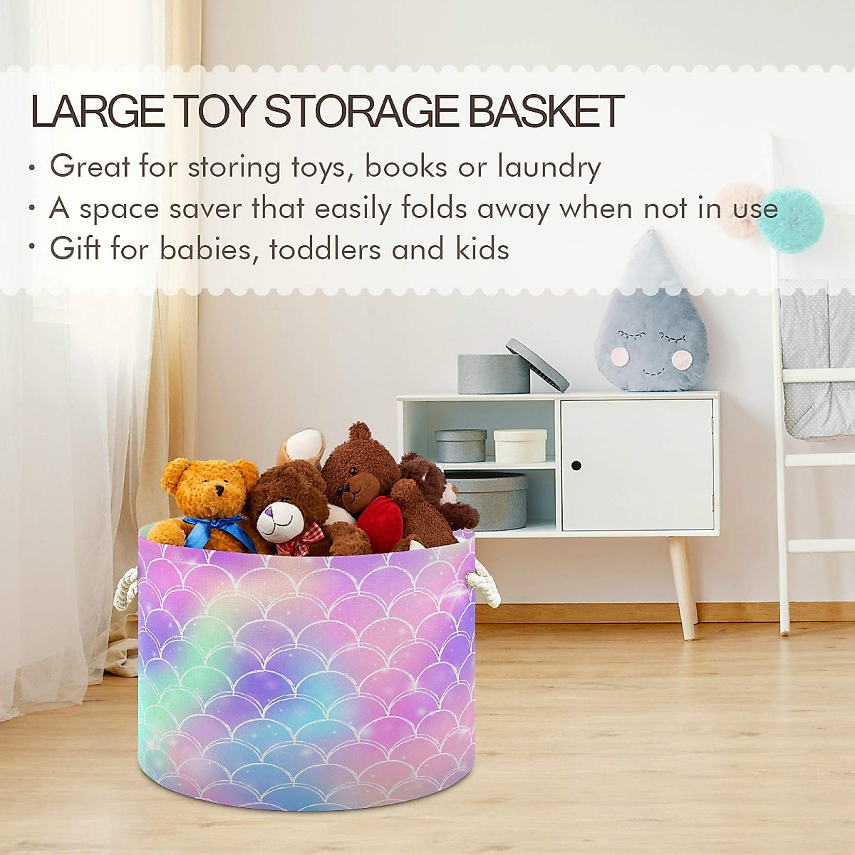 MNSRUU Storage Basket 20"x14" Multicolor Mermaid Scales Collapsible Organizer Basket with Handles, Fabric Nursery Laundry Basket Large Capacity