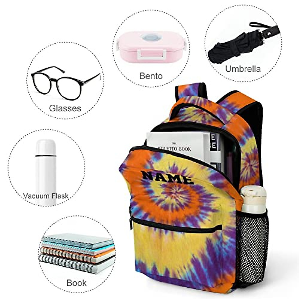 Aicihert Custom Orange Tie Dye Backpack Personalized Name Text Backpack Daypacks Customized BookBags School Bag for Student Boys Girls