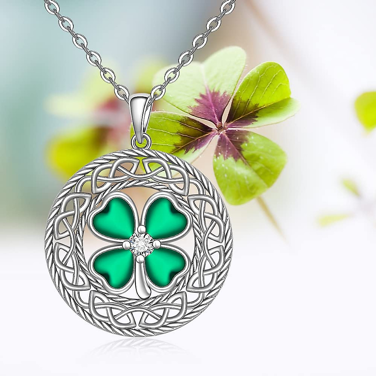 Shamrock Necklace St Patricks Day Necklace Four Leaf Clover Necklace for Women Sterling Silver Celtic Knot Irish Green 4 Leaf Clover Necklaces Jewelry Pendant Lucky Saint Patricks Gifts
