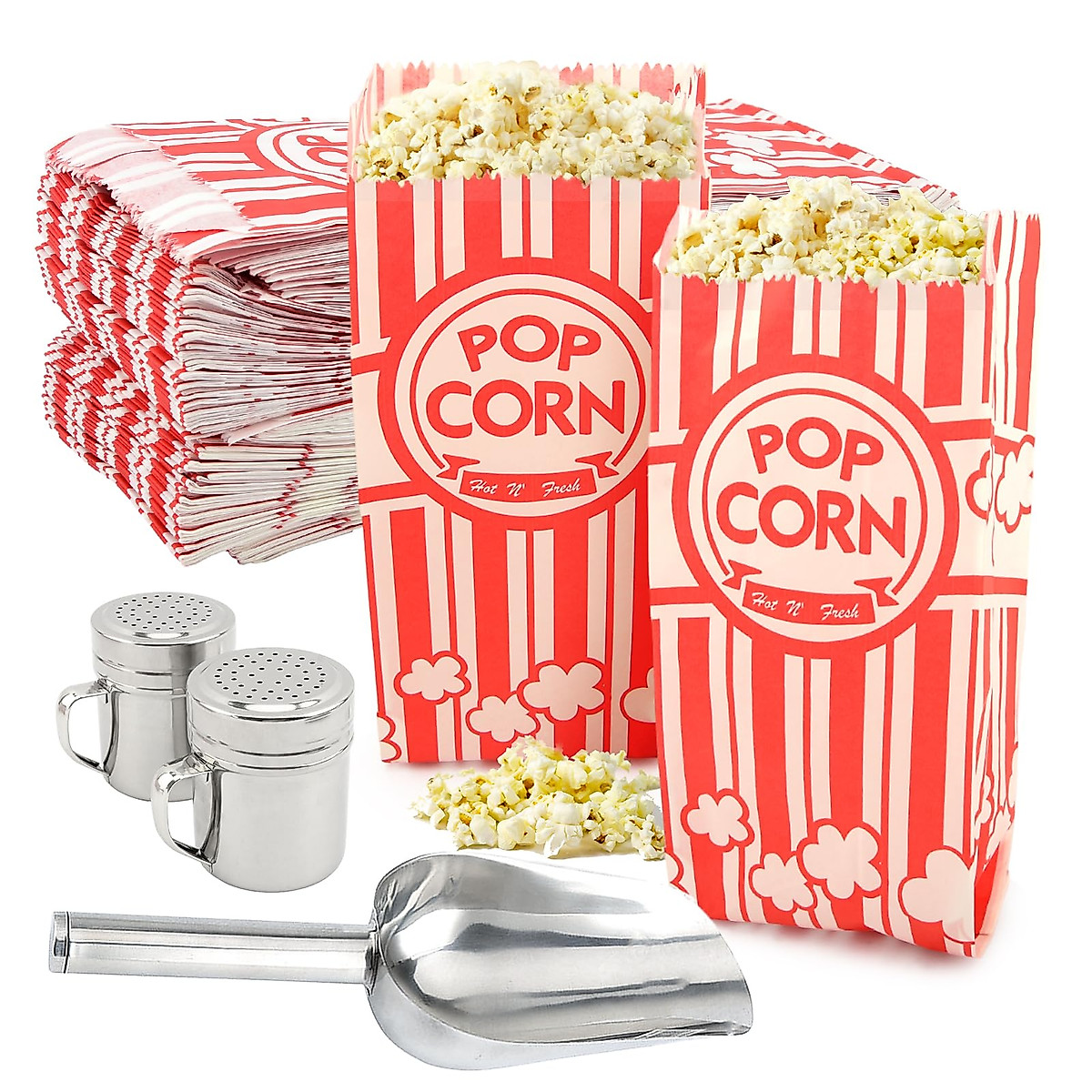 203 PCS Popcorn Machine Supplies Set, 200 PCS Popcorn Paper Bags with Popcorn Scoop, 2PCS Season Salt Shaker, Popcorn Supplies for Popcorn Machine