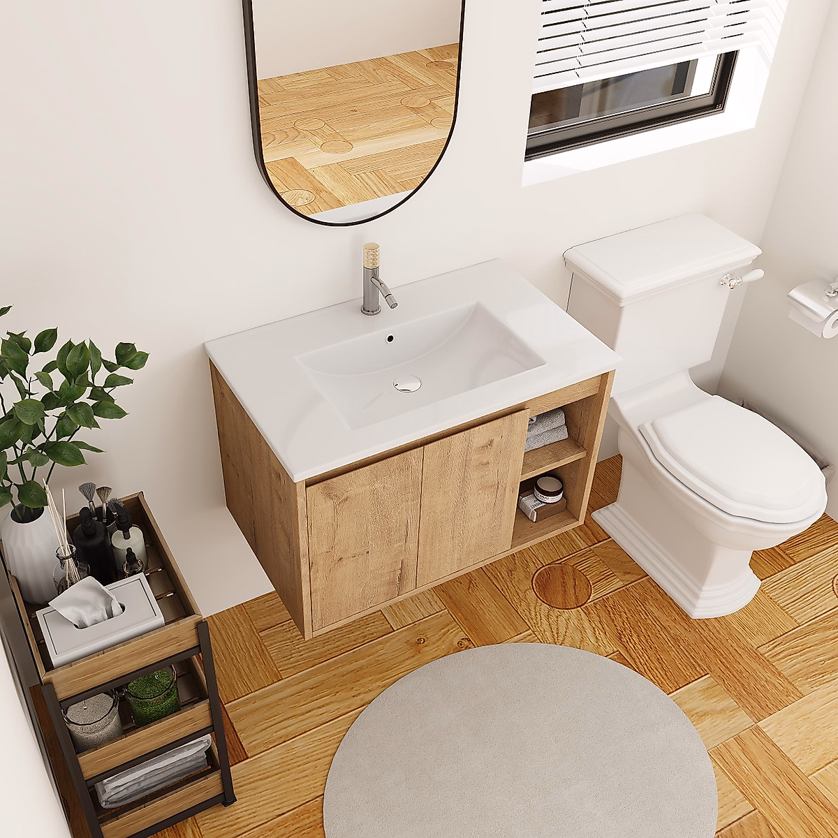 San Merah 30" Wall-Mounted Bathroom Vanity with Sink - Floating Single Door Cabinet & Right Shelf, Space-Saving Modern Design for Small Bathrooms, Ceramic Basin Combo