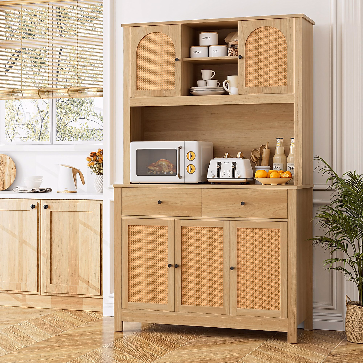 FINETONES 71" Kitchen Pantry Cabinet, Pantry Cabinet with Microwave Stand & Charging Hole, Freestanding Kitchen Hutch with Drawers and Adjustable Shelves, Kitchen Rattan Cabinet for Kitchen, Walnut