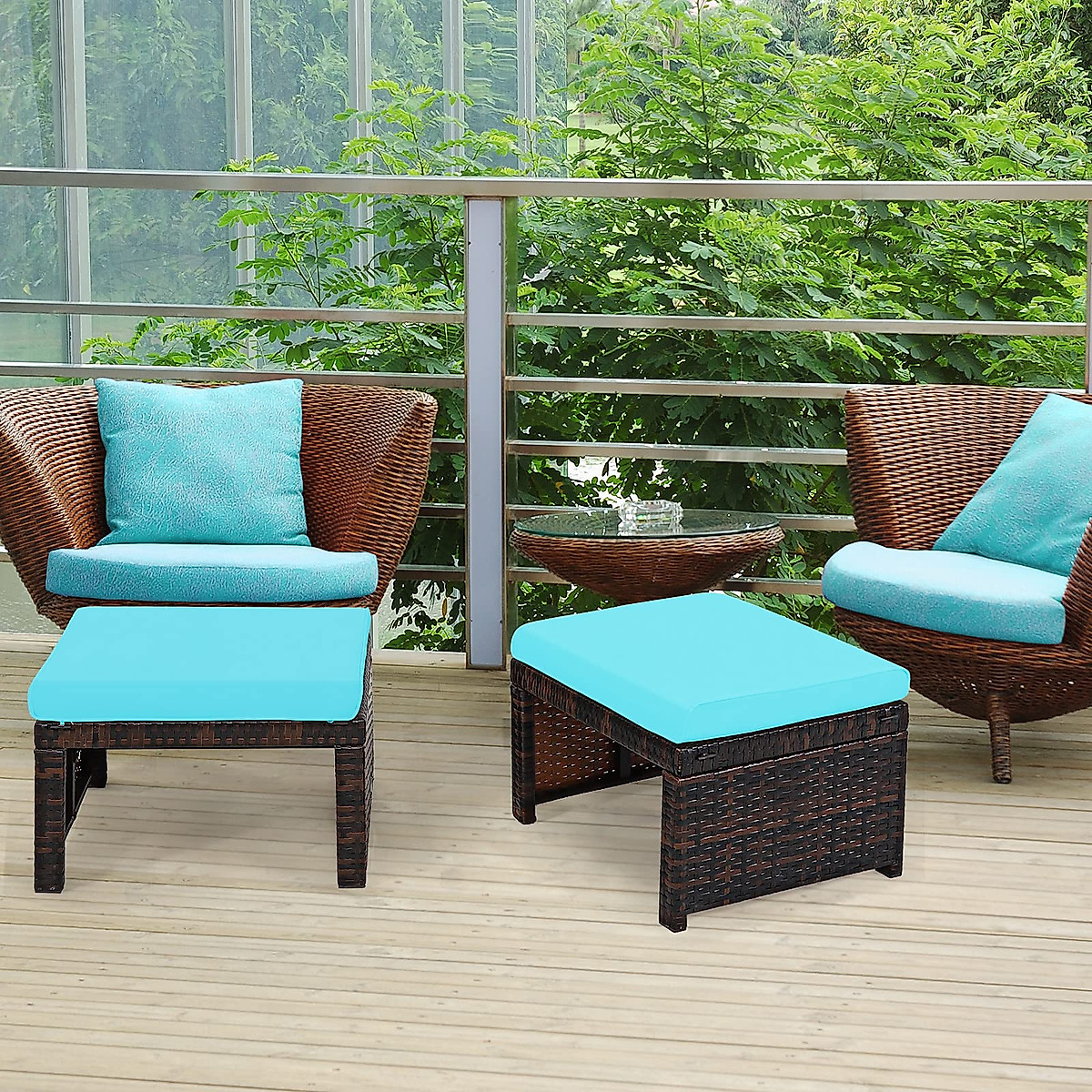 Tangkula 2 Pieces Patio Rattan Ottomans, All Weather Outdoor Footstool Footrest Seat with Soft Cushion, Hidden Zipper, High-Density Sponge, Wicker Ottoman Seat for Patio, Garden, Poolside (Turquoise)