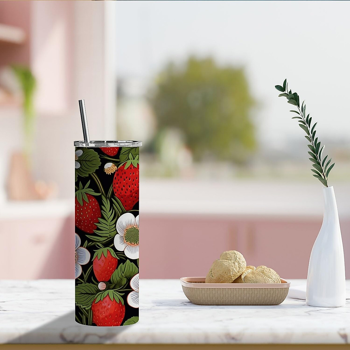 Medpol Strawberry print insulated tumblers coffee cup Gift，Strawberry print Drinking Glasses-Tea Cup-Coffee Mug tumbler with lid and straw 20 oz insulated tumbler cups