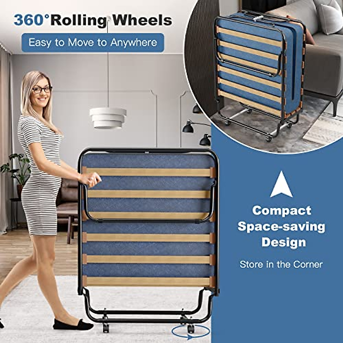 RELAX4LIFE Rollaway Folding Bed with Mattress, Guest Bed with Sturdy Steel Frame & Memory Foam Mattress, Portable Fold Up Bed with Rolling Wheels for Small Space, Office, Camping, Made in Italy (Navy)