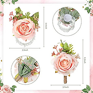 Sherr 20 Pcs Rose Wrist Corsage and Boutonniere Set Flower Wrist Corsage Wristlet Band Bracelet Bridegroom Men's Boutonniere Wedding Wristlet Hand Flower for Prom Party Bouquets Accessories (Pink)