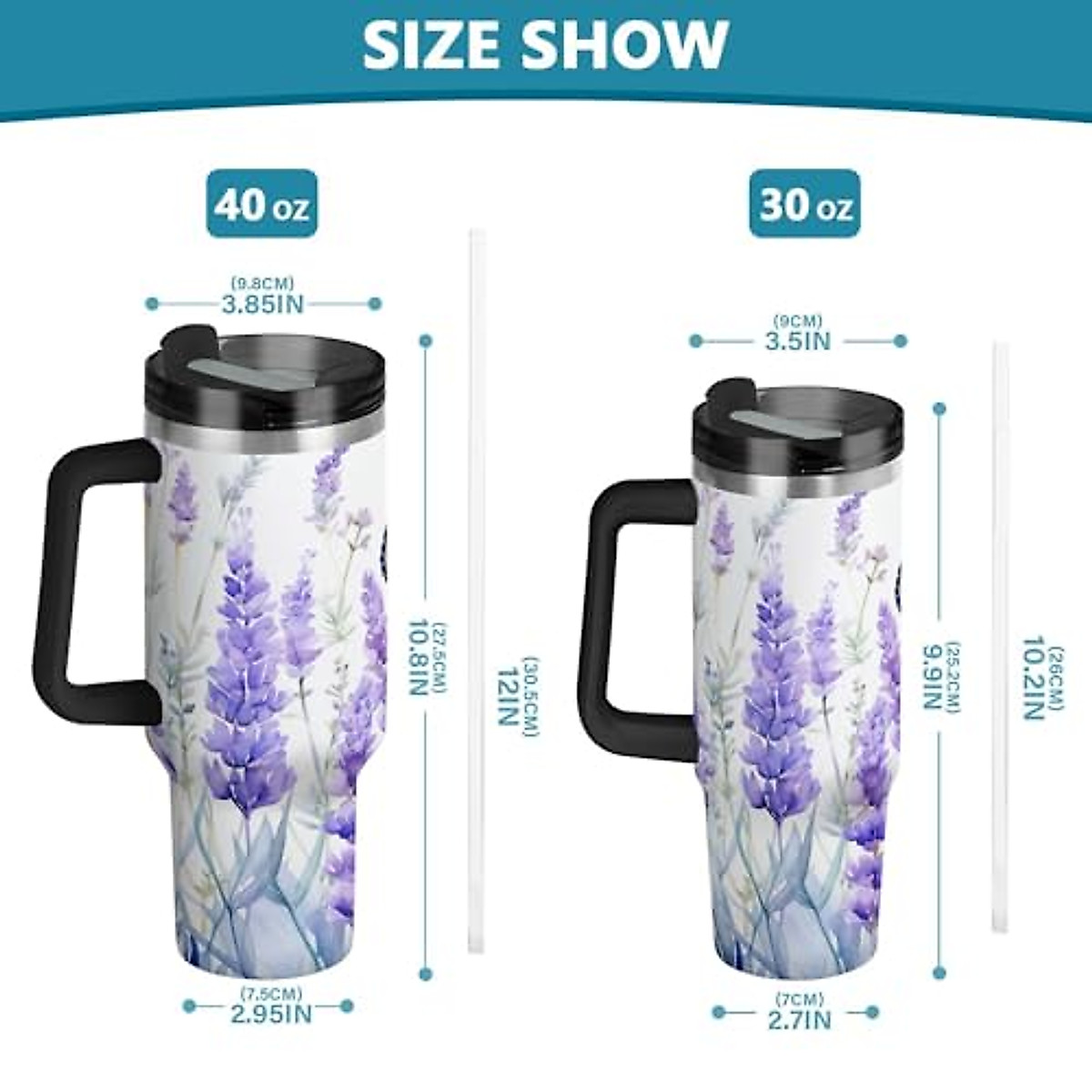 FRCSDIY Lavender Insulated Tumbler with Handle and Straw Lid,40oz Leakproof Stainless Steel Cup BPA-Free Water Bottle