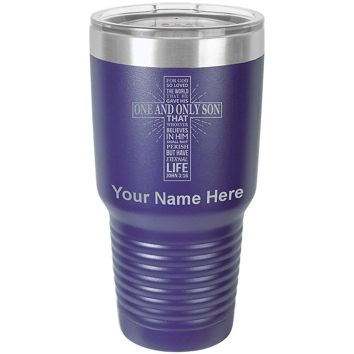 LaserGram 30oz Vacuum Insulated Tumbler Mug, Bible Verse John 3-16, Personalized Engraving Included (Dark Purple)