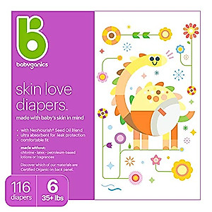 Babyganics Baby Diapers, Size 6 (35 lbs+) 116 Count- Ultra Absorbent, Unscented, Made without Chlorine, Latex