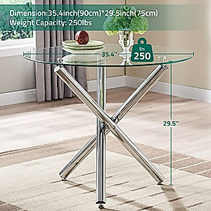 Round Glass Dining Table for 2 to 4 Person - 35.4" Inch Kitchen Dining Room Table with Tempered Glass Top, Sturdy Chrome Legs, Modern Circle Leisure Table for Dinner Apartment Small Spaces