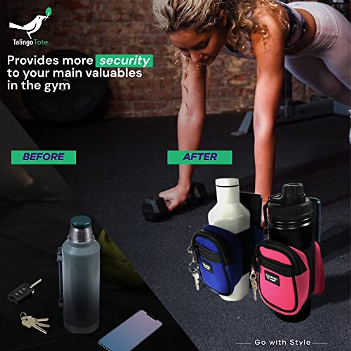 TALINGO TOTE – Gym Water Bottle Pouch with Phone Holder, Secure Zipper Pocket, Card Holder and Key Holder. Ideal Water Bottle Accessories for Gym - Water Bottle Phone Holder for Gym - Large Blue