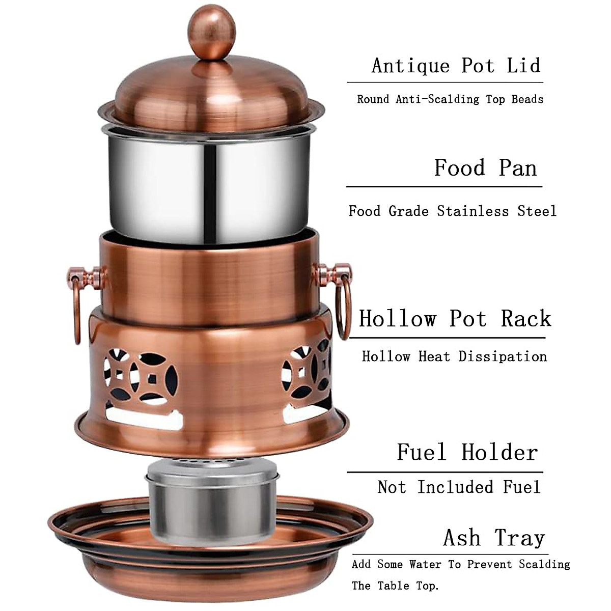 2 Pack Shabu Shabu Copper Hot Pot Stove Mini Hotpot Pan Stainless Steel Chafing Dishes Alcohol Pot Cooker Single Home Kitchen Cookware, Not Incluede Fuel(Red Copper)