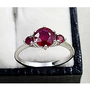 925 Sterling Silver Natural Red Ruby Gemstone 7 MM Round Cut July Birthstone Three Stone Cluster Unisex Ring For Birthday Gift (Rhodium Plated Silver, 6)