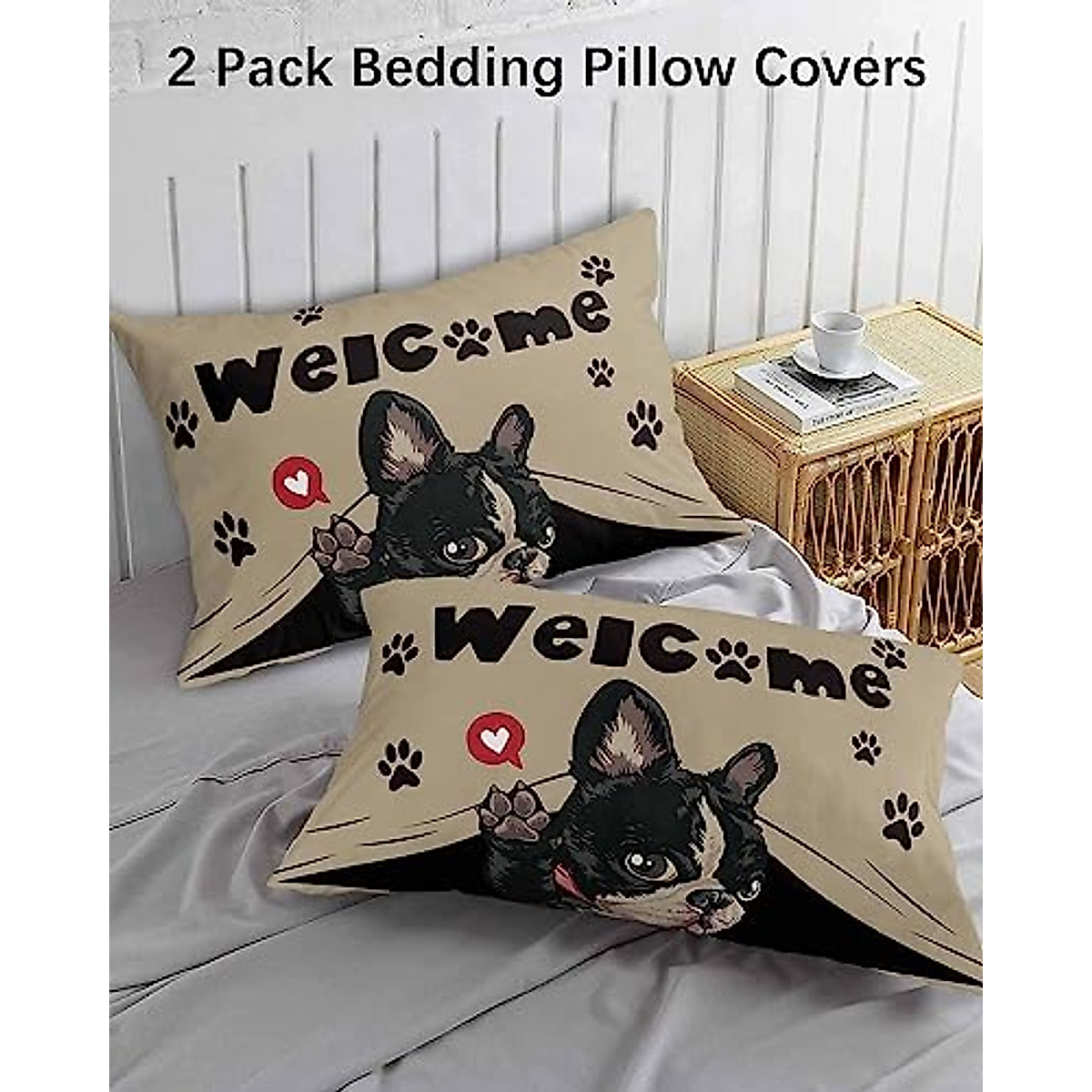 Edwiinsa Funny Cute Love Heart Dog Pillow Covers Standard Size Set of 2 20x26 Bed Pillow, Black Paws Rustic Beige Plush Soft Comfort for Hair/Skin Cooling Pillowcases with Envelop Closure
