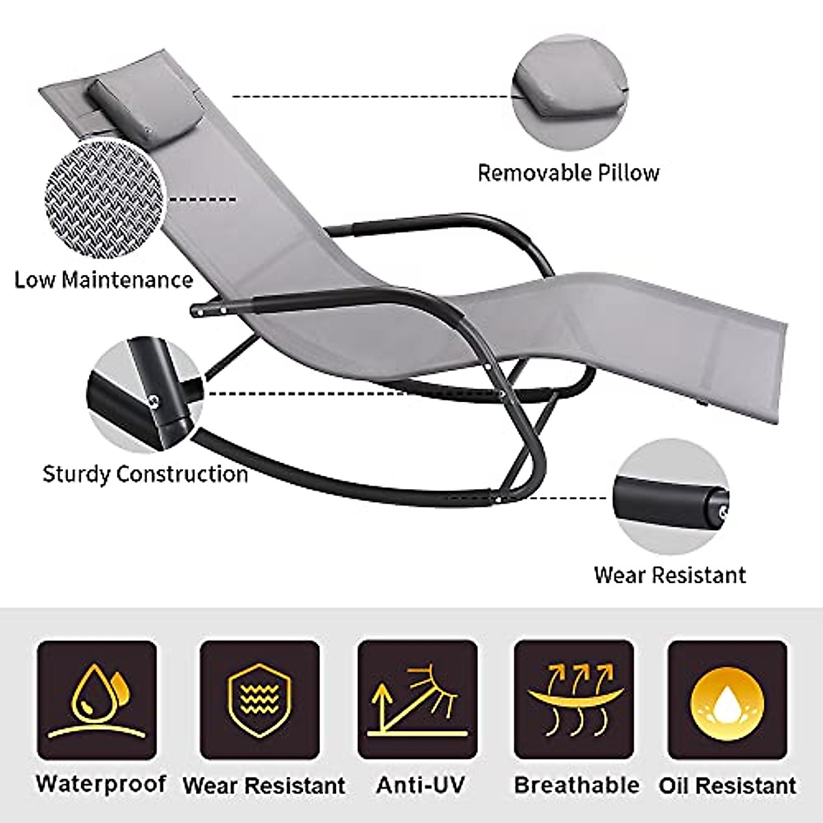 Wostore Rocking Lounger Patio Chaise Sunbathing Chair with Recliner Movable Sleep Bed Included Pillow and Breathable Texteline Farbic-Grey