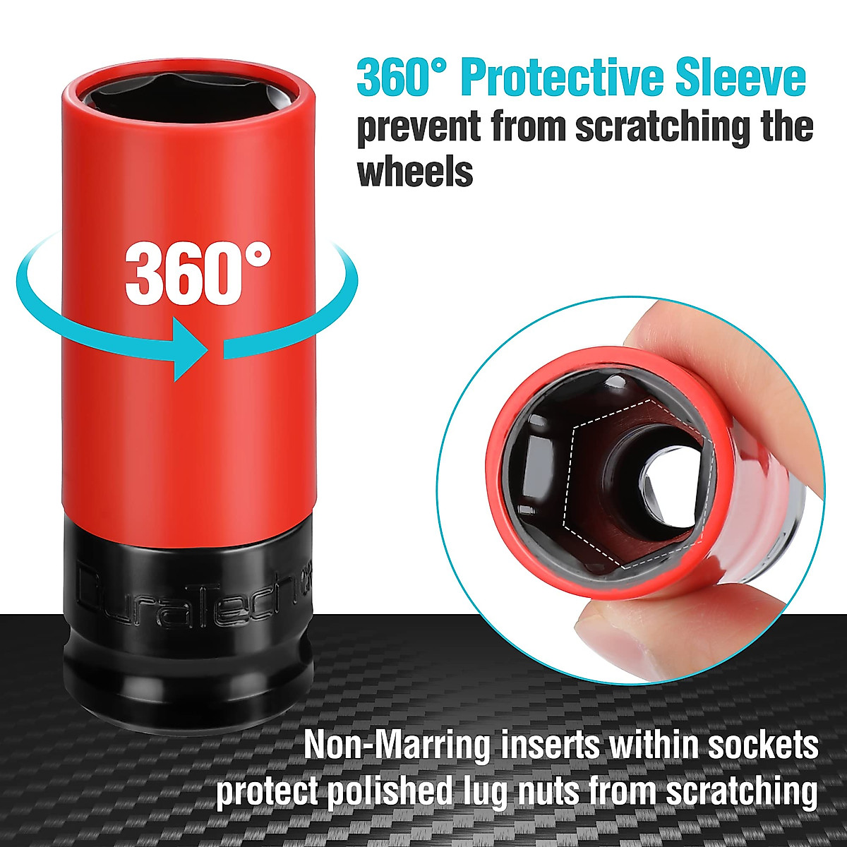 DURATECH 1/2 Wheel Protector Impact Socket Set, Lug Nut Sockets With Non-Marring Protective Sleeve, 15 17 19 21 22 mm Metric Sockets, CR-MO Alloy, Color-Coded, Great Gifts