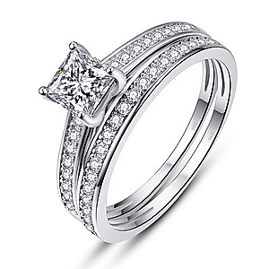 AVECON 1.35ct Princess Cut Engagement Ring 925 Sterling Silver Wedding Ring Set for Women Princess Cut Cubic Zirconia Bridal Ring Sets Valentine's Day Gift Size 7