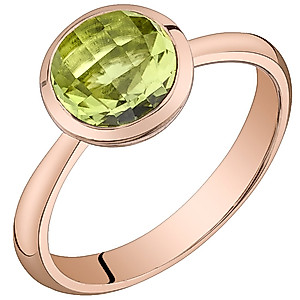 PEORA Peridot Solitaire Dome Ring for Women 14K Rose Gold, Genuine Gemstone Birthstone, 2 Carats Round Shape 7mm, AAA Grade, Size 5, August Birthstone Rings for Women, Women Statement Ring