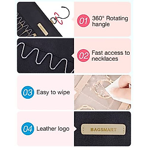 BAGSMART Hanging Jewelry Organizer Storage Roll with Hanger Metal Hooks Double-Sided Jewelry Holder for Earrings, Necklaces, Rings on Closet, Wall, Door, 1 piece, Large, Black