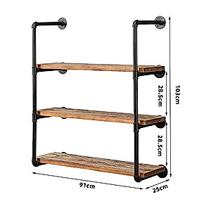 Industrial Wall Mounted Pipe Shelving,Rustic Metal Floating Shelves,Steampunk Real Wood Bookcases,DIY Bookshelf Hanging Shelves,Farmhouse Kitchen Bar Office Home Storage (4-Tier with 3 Boards,36in)