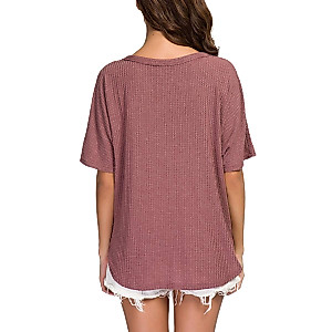 IWOLLENCE Womens Waffle Knit Tunic Blouse Tie Knot Short Sleeve Henley Tops Loose Fitting Bat Wing Shirts Rust Red, XL