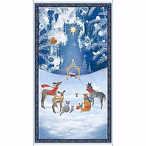 FlashPhoenix Quality Sewing Fabric – Christmas Fabric Animals Baby Jesus Blue 100% Cotton Woodland Dream 24"X44" Panel