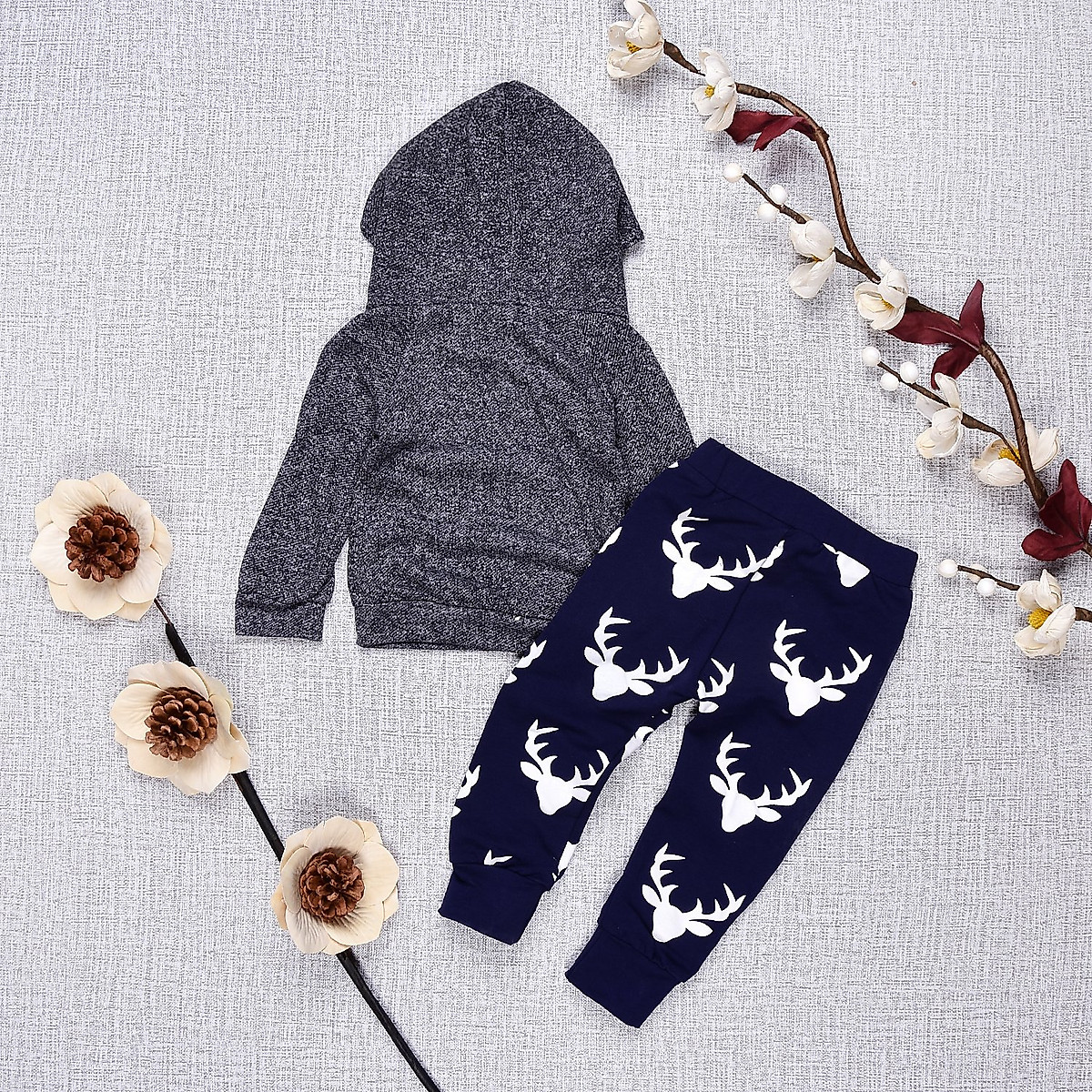 2PCs Baby Deer Print Hoodies with Pocket Top + Striped Long Pants Autumn Outfit Set (6-12M(Tag80), Grey&Dark Blue)