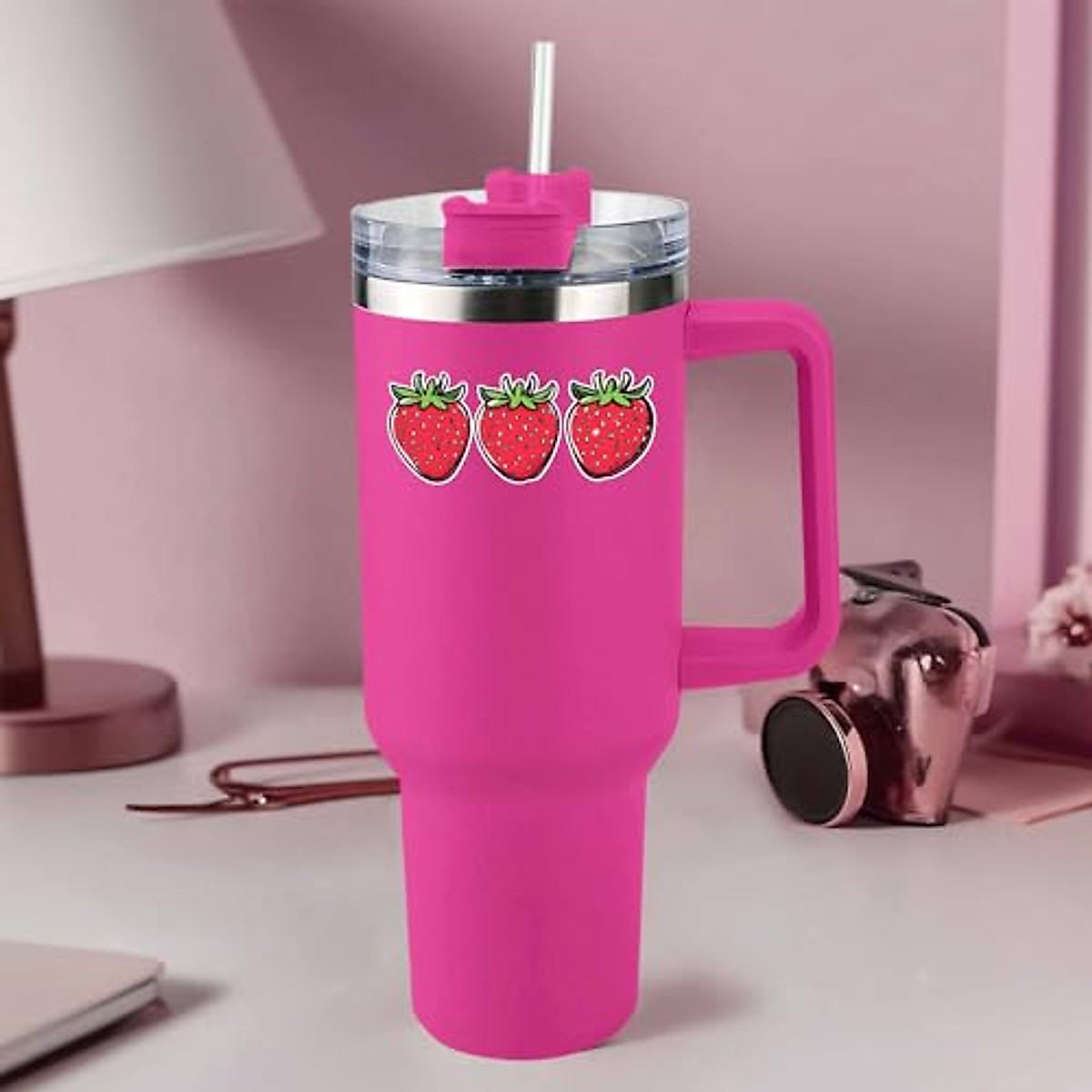 40 ounce insulated cup with handle, double-layer vacuum stainless steel material, equipped with straw, can keep warm or maintain cold drinks Fruit Strawberry Bright pink